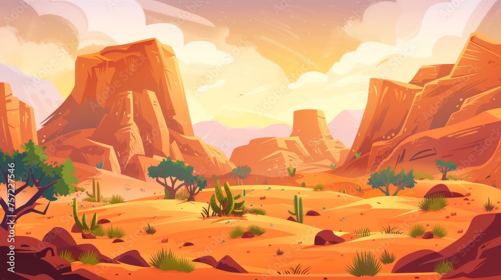 Sandstorm in the western desert. Cartoon modern illustration of rocky ...