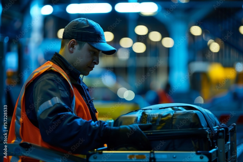 Airline Baggage Handler Working, An airline baggage handler efficiently ...