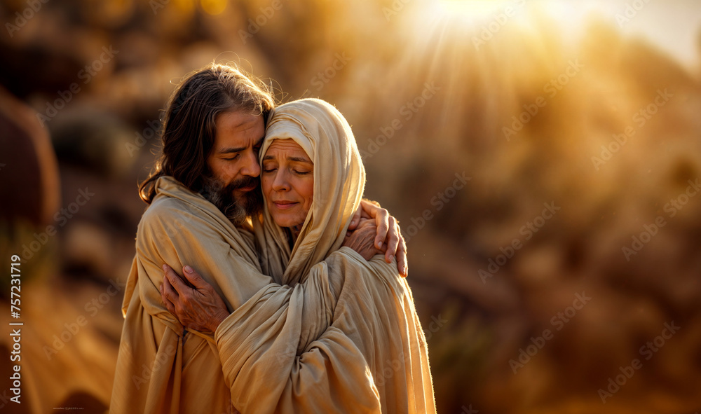 Risen Jesus Christ embraces the Virgin Mary with love. The light is ...