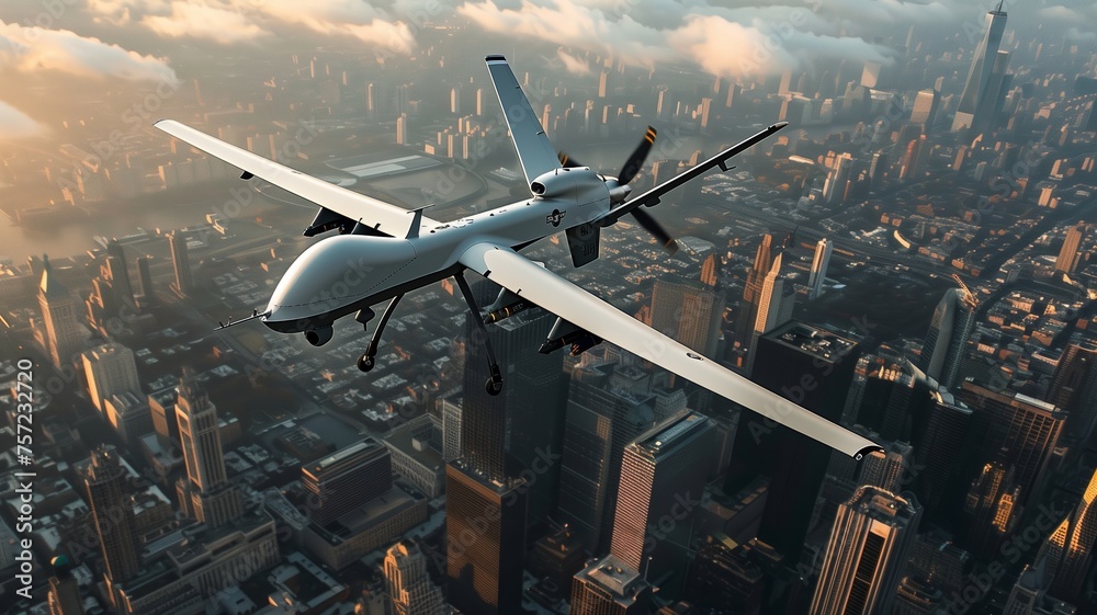 Unmanned Military Drone in the modern city megapolis sky through clouds ...