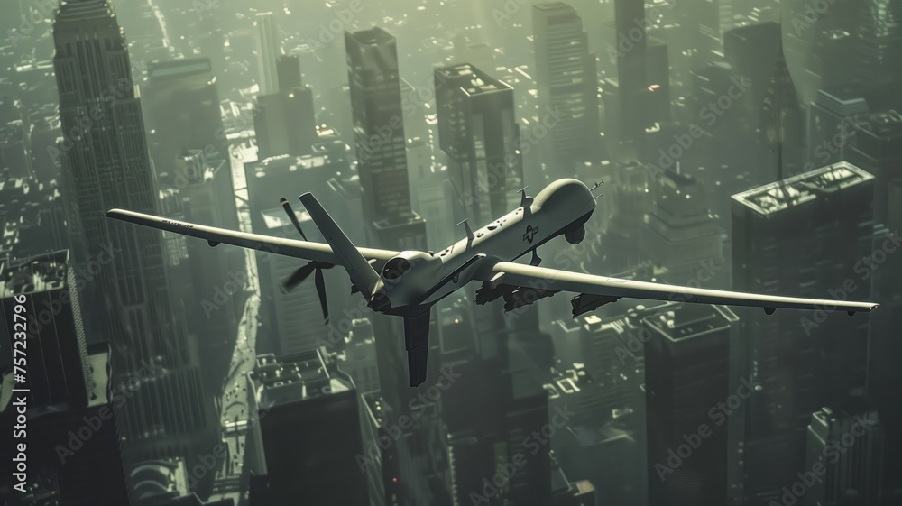 Unmanned Military Drone in the modern city megapolis sky through clouds ...
