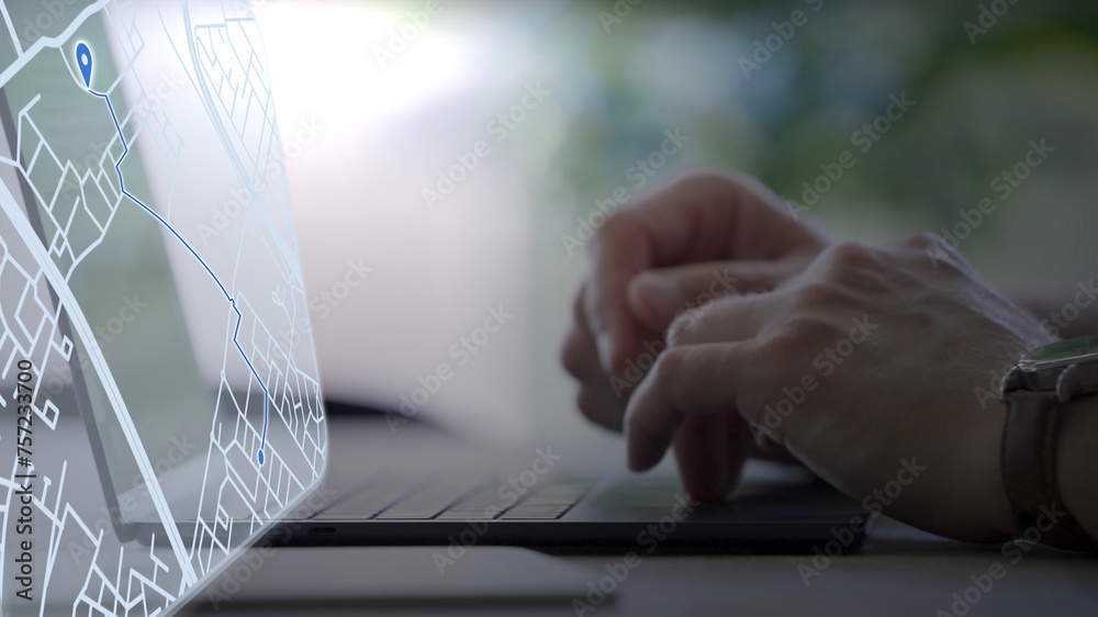 fictional software with with map and a navigation for a route between ...