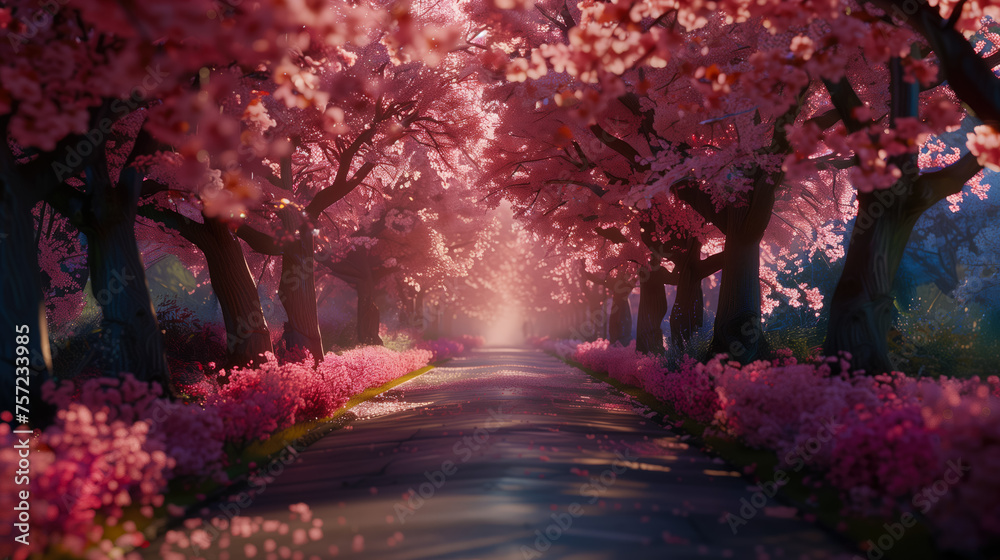 Blooming vibrant pink sakura trees in a garden park. Spring time ...