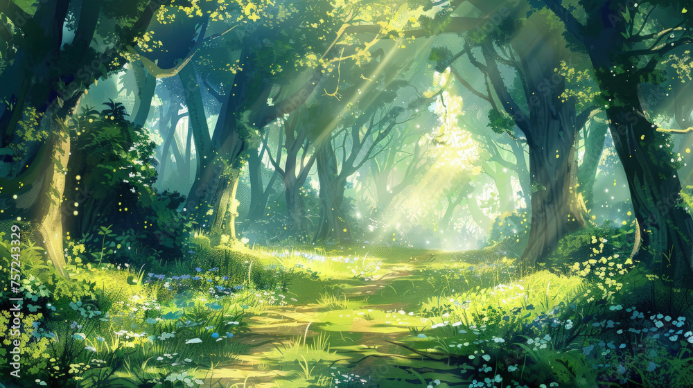 Painting dof winding path through a dense forest with trees, foliage ...