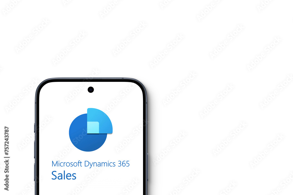 Microsoft Dynamics 365 Sales Logo is displayed on a modern smartphone ...