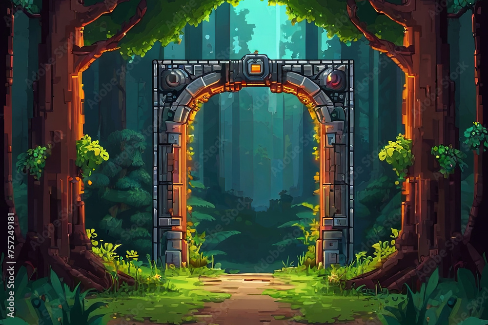 Pixel art game background. Forest portal, magic gate view. Enchanting ...