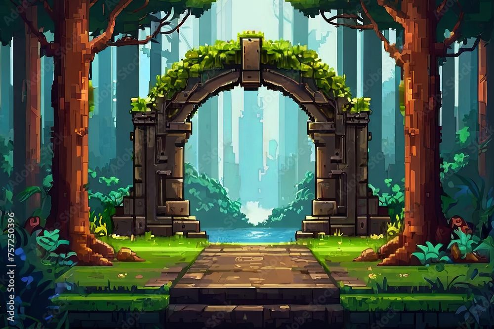 Pixel art game background. Forest portal, magic gate view. Enchanting ...