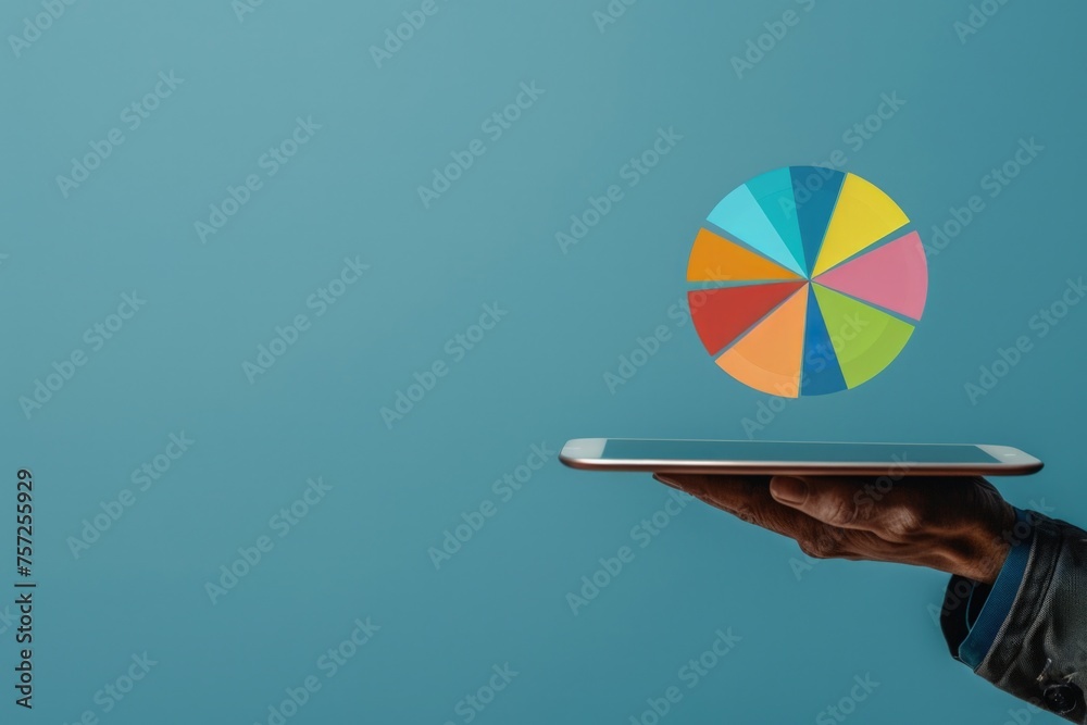 Hand holding a tablet with a pie chart coming out of the screen ...