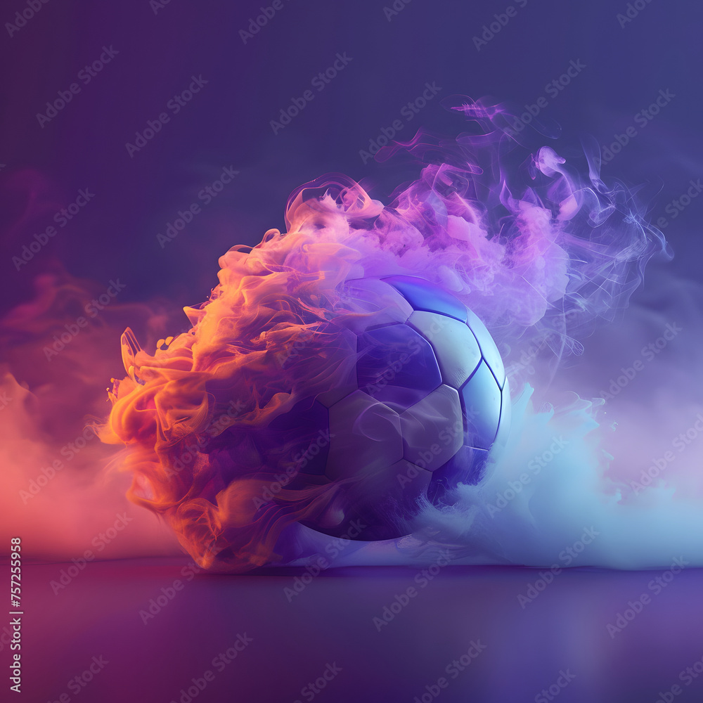 illustration of a soccer ball in colored smoke on a dark purple ...