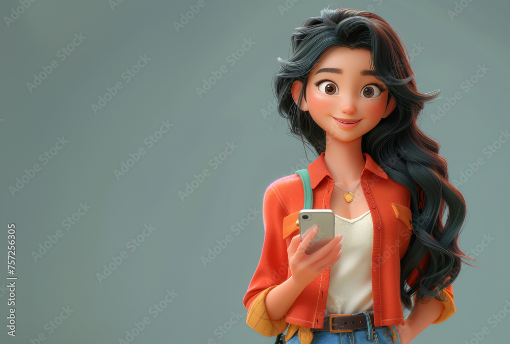 Cartoon girl, 3D and illustration for animation on backdrop. Character ...