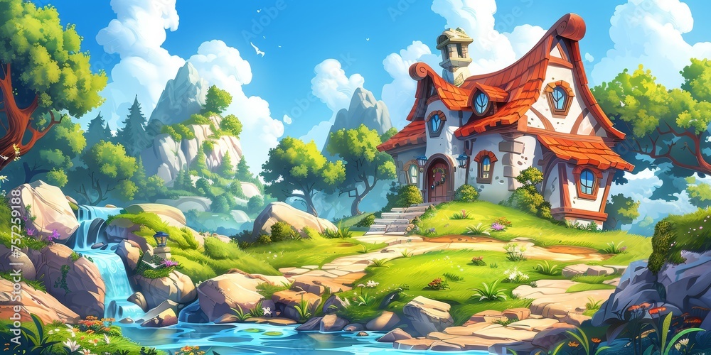 Design an enchanting fantasy game background with a rustic cottage ...