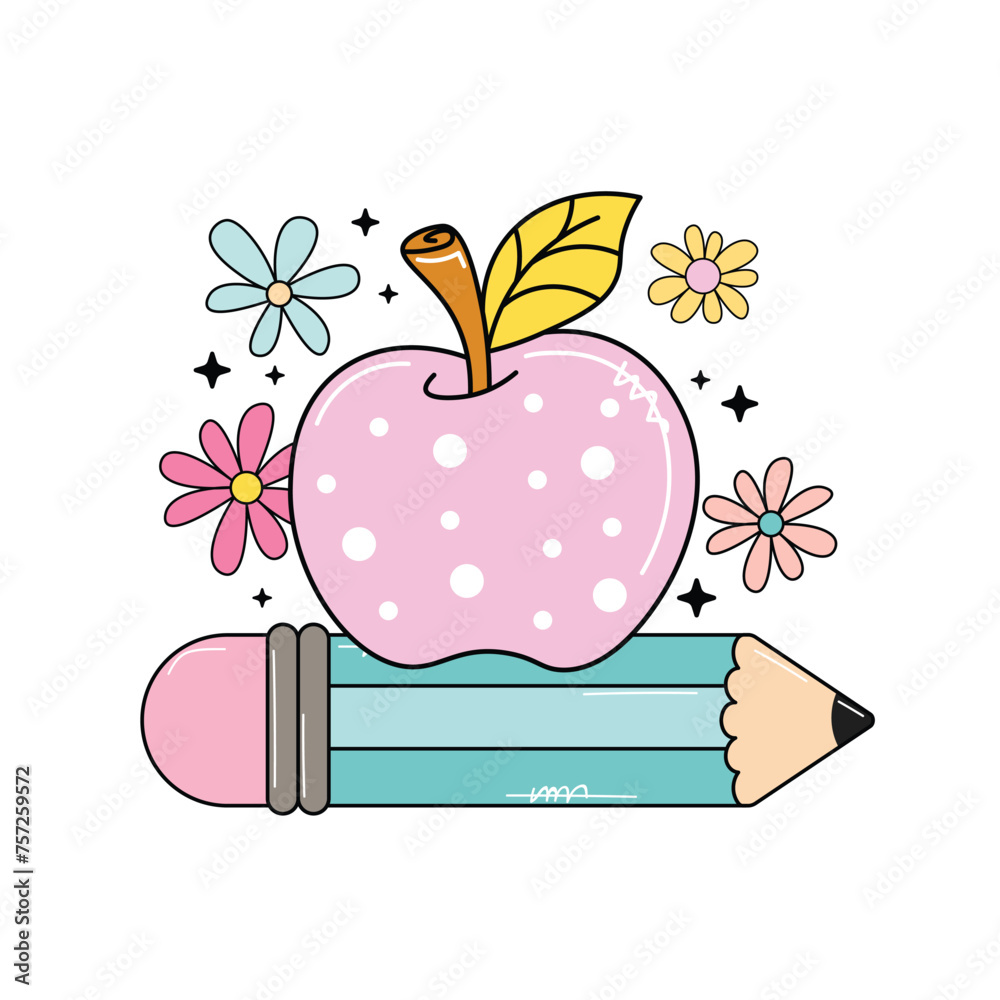 School pencil and apple vector, back to school clip art. Groovy pencil ...