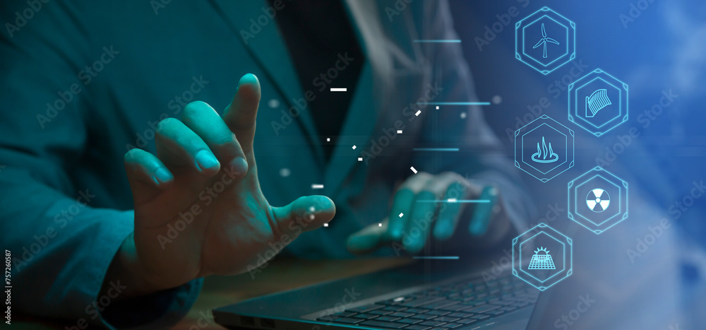 Cg tech collage. Against the background of a silhouette of an employee ...