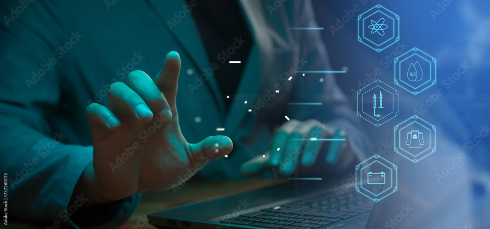 Cg tech collage. Against the background of a silhouette of an employee ...