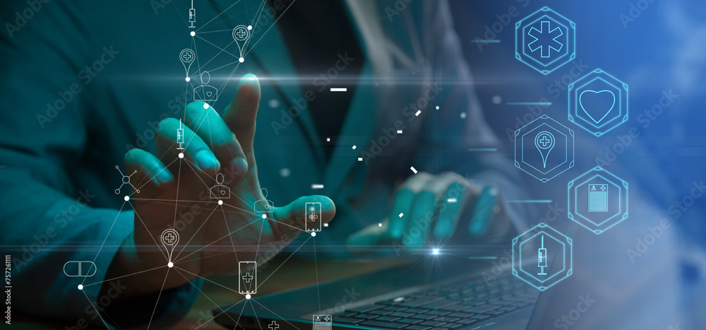 Cg tech collage. Against the background of a silhouette of an employee ...