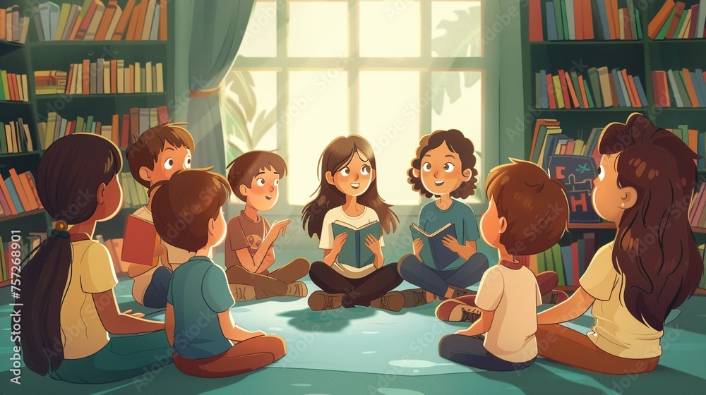 A cartoon of kids sitting in a circle during a storytelling session ...