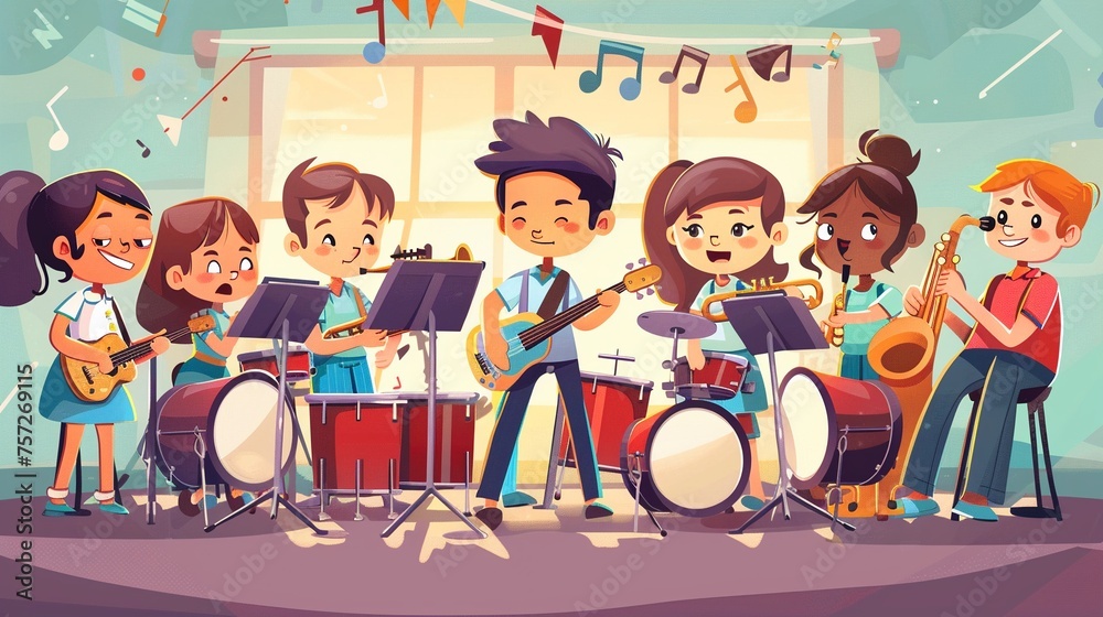 Cartoon kids playing musical instruments in a school band with drums ...