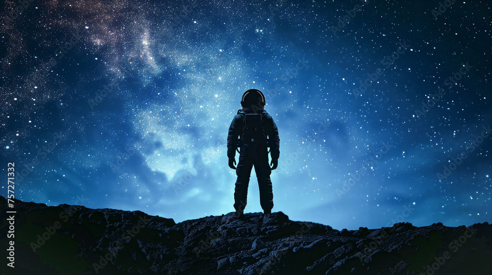 Silhouette of an astronaut standing on the edge against starry sky with ...