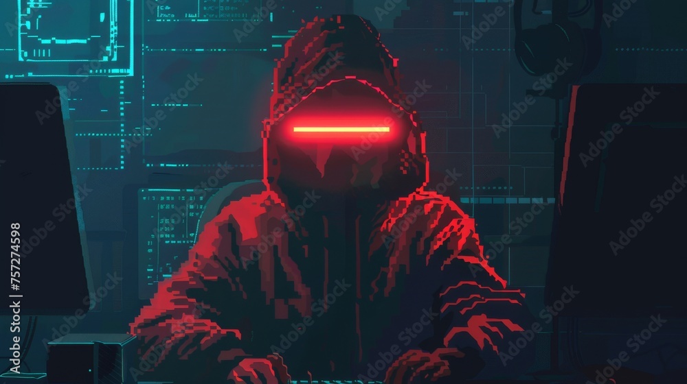 An 8bit style digital icon of a hacker complete with a pixelated hoodie ...