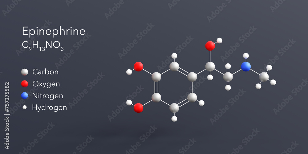 epinephrine molecule 3d rendering, flat molecular structure with ...