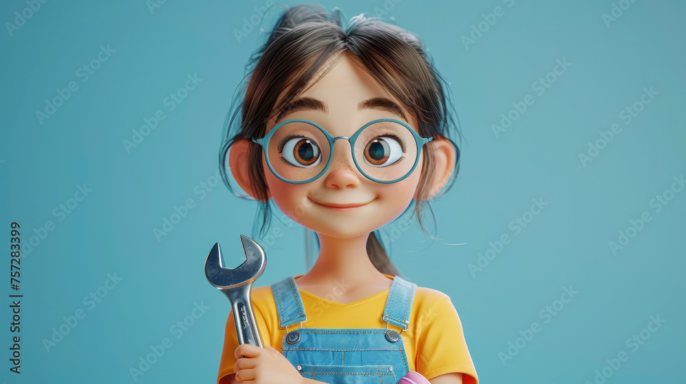 Nerd cartoon, 3d and illustration with tool on backdrop. Character or ...