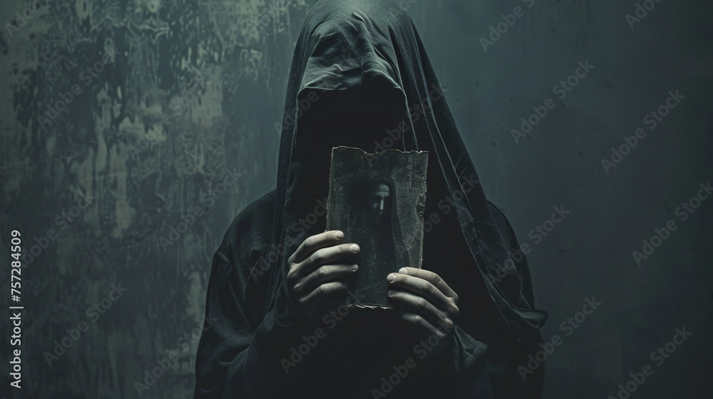 Solitary figure shrouded in shadow, clutching a weathered photograph ...