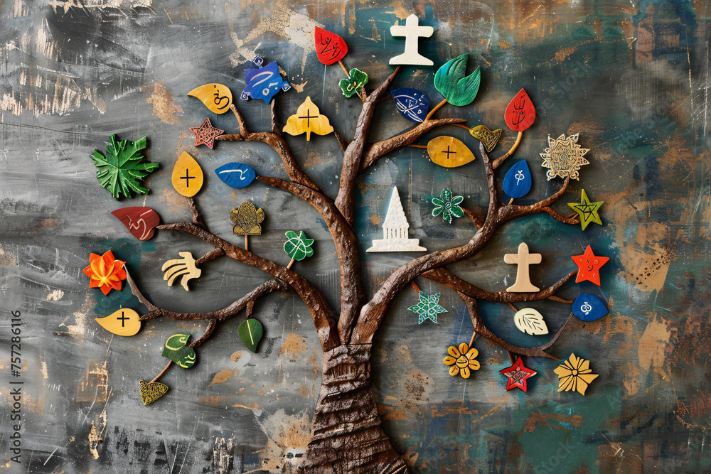 Visualize a tree with leaves representing different religions ...