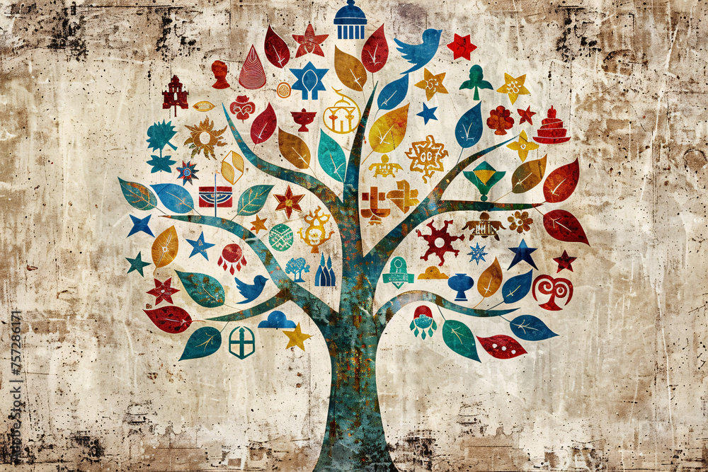 Visualize a tree with leaves representing different religions ...