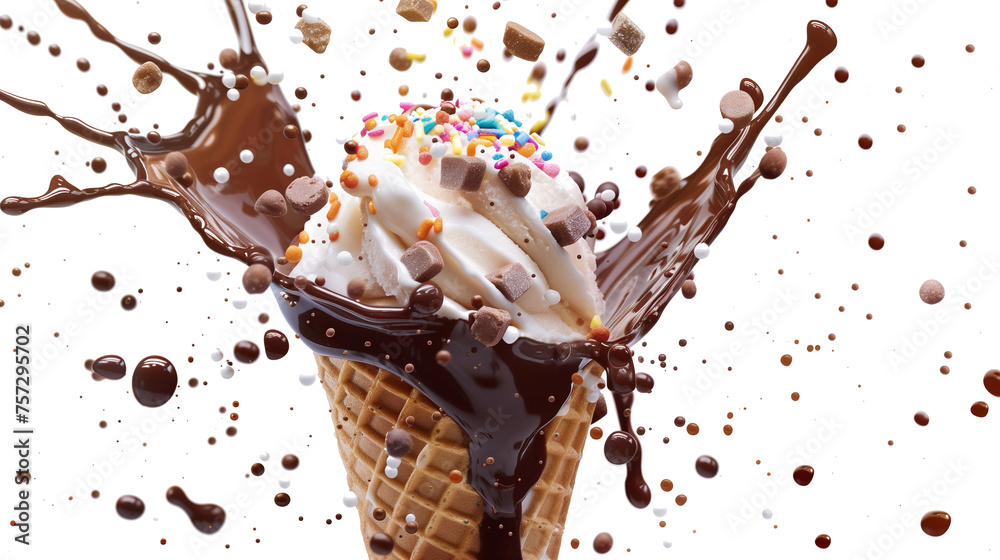 chocolate ice cream cone with chocolate icing and sprinkles explosion ...