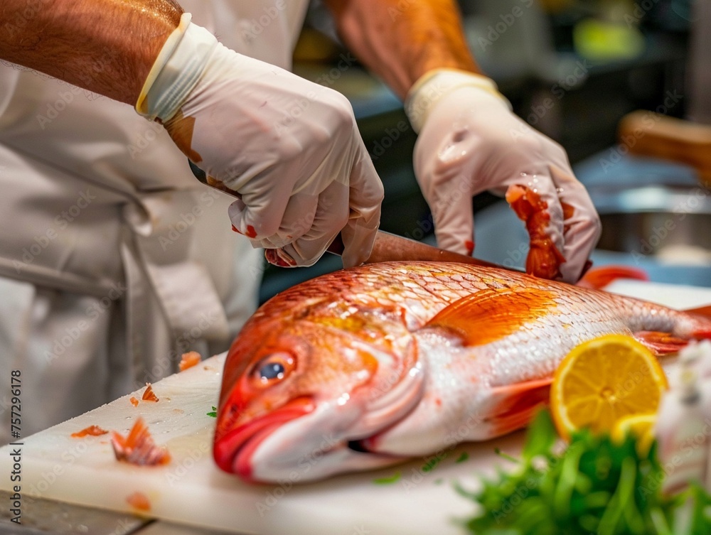 Expert chef filleting a red snapper demonstrating precision and respect ...