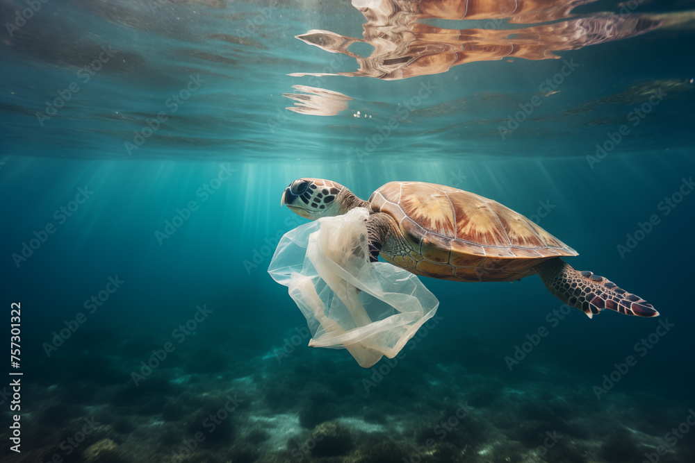 Foto de Turtle stuck in plastic bag, result of ocean water pollution by ...