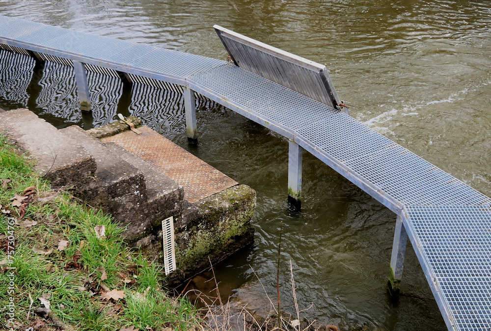 pond sluice, water reservoirs with regulation and concrete dam shaft ...