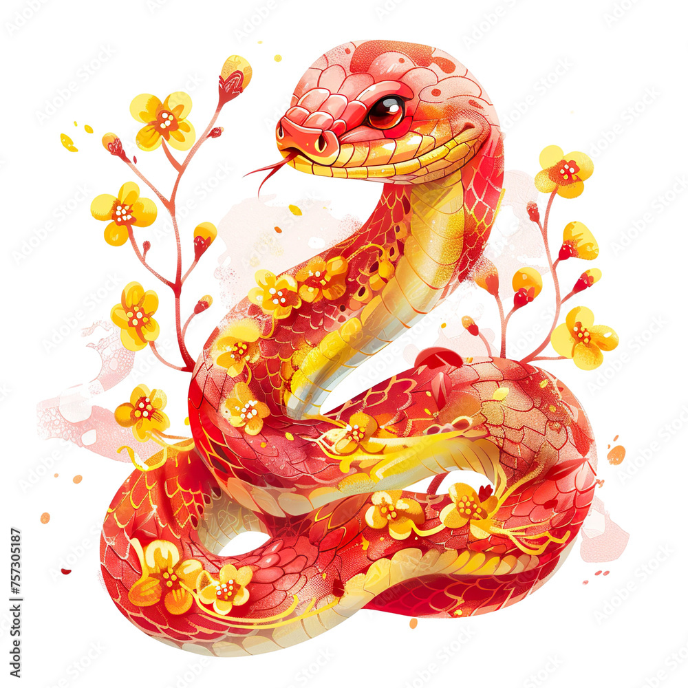 concept art of a cute chinese snake. Red and yellow color scheme ...
