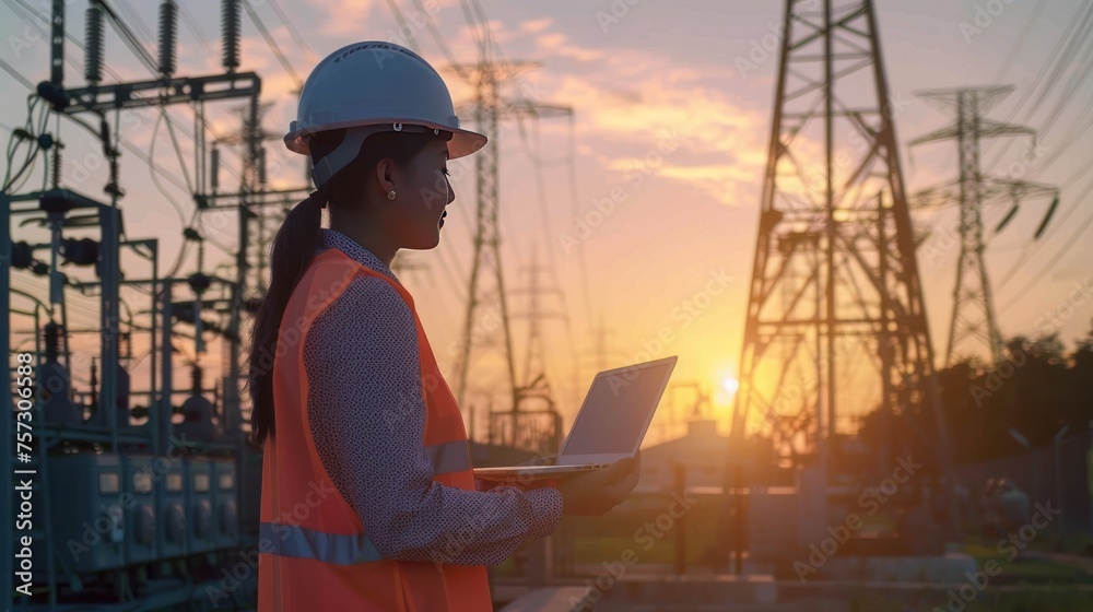 A picture of an Asian female electrical engineer using a laptop ...