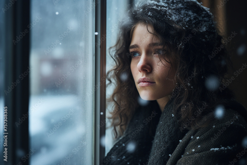 Picture of young woman looking through a rainy window with tears ...