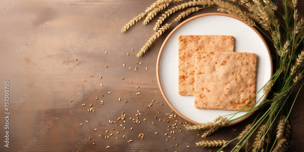 Kosher matzah, matza, matzoth jewish wheat bread and ears of wheat. Top ...