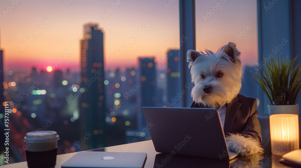 smart white dog wearing suit work on smart computer technology at ...