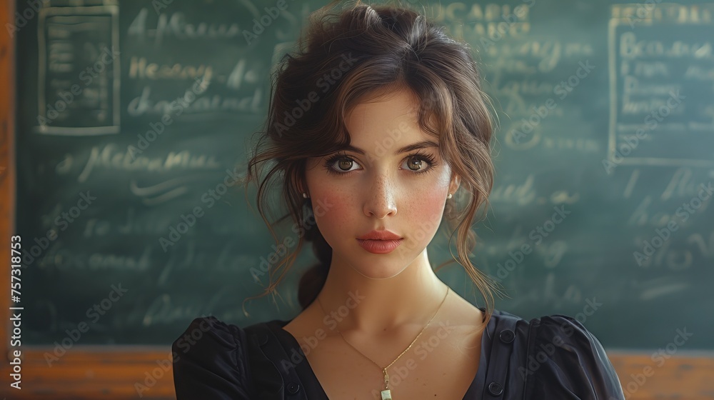 Beautiful girl teacher against the background of a chalk board in the ...