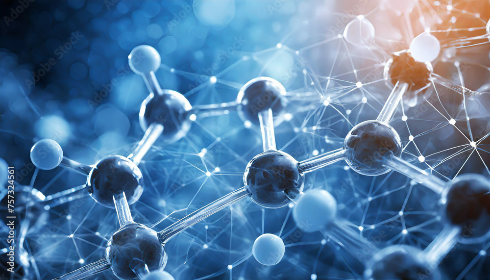Molecular structure illustration close up blue background, 3d ...