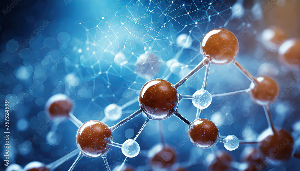 Molecular structure illustration close up blue background, 3d ...