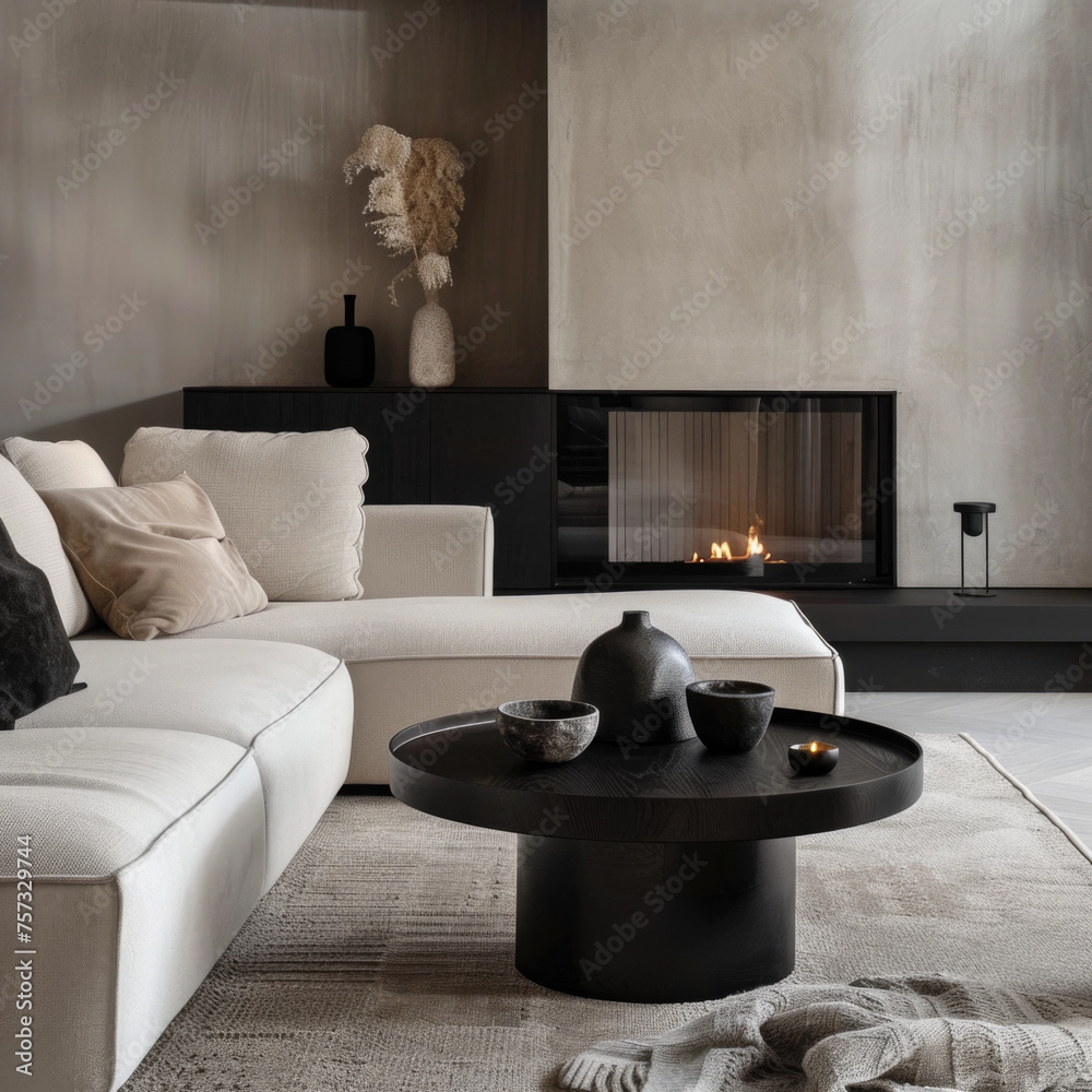 Beige sofa, black coffee table and fireplace, Japandi home interior ...