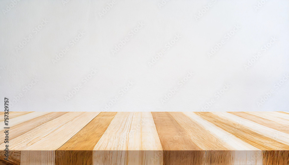 Real wood table top texture on white wall room background.For create ...