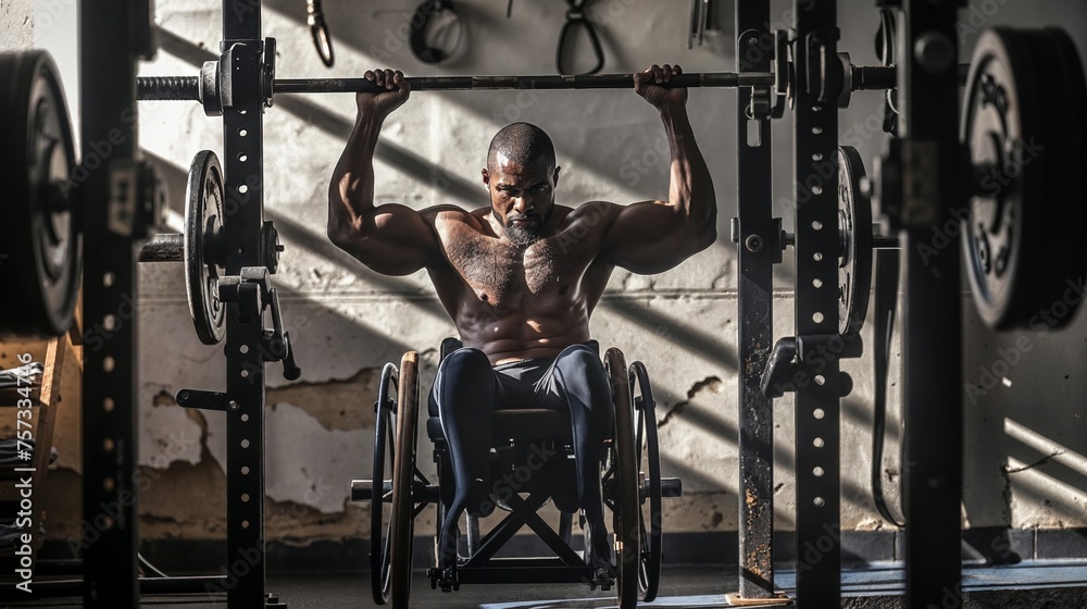 Foto de Wheelchair bodybuilder in gym demonstrating impressive strength ...