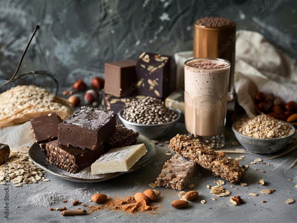 Artisanal chocolate and grains display with a dark, rustic aesthetic ...