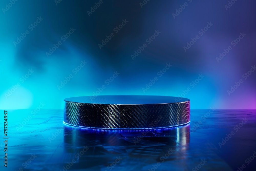 High-gloss carbon fiber podium with laser lights and neon blue gradient ...
