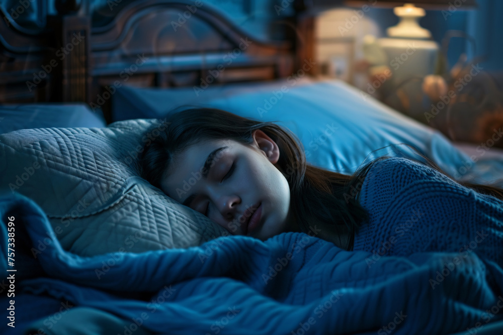 close up young caucasian woman sleeping in bed at night. white female ...