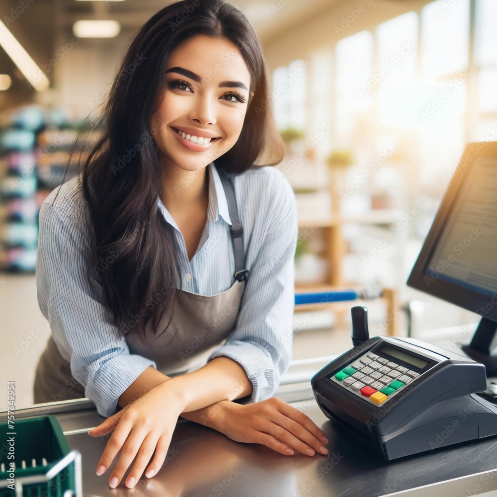 Smiling young woman working as cashier at checkout counter of a grocery ...