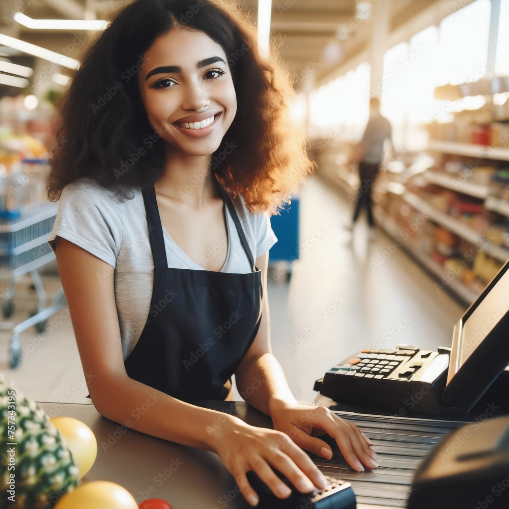 Smiling young woman working as cashier at checkout counter of a grocery ...