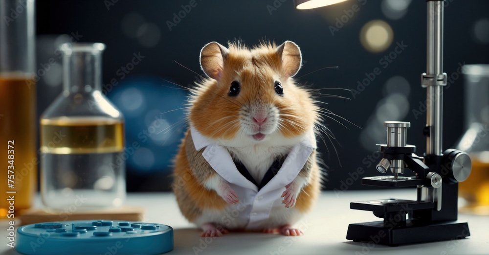 A small hamster, wearing a scientist's lab coat, explores a world of ...