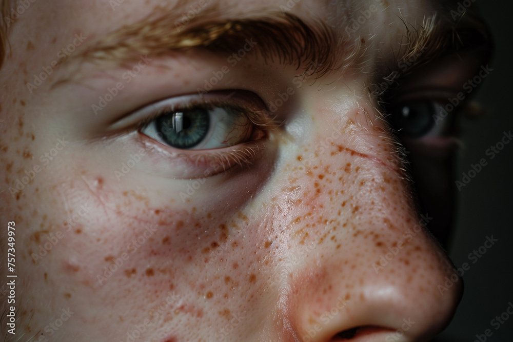 young man with creepy stare, incel with acne close up photo Stock Photo ...